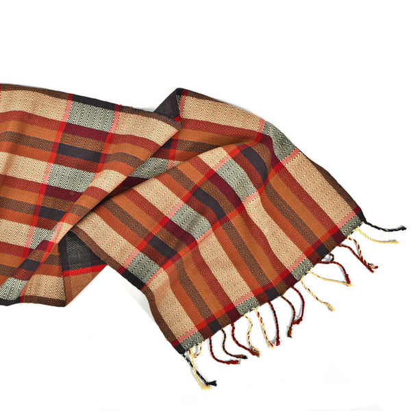 Hand Woven Cotton Scarf Caramel Brown Plaid Fair Trade Mayamam Weavers
