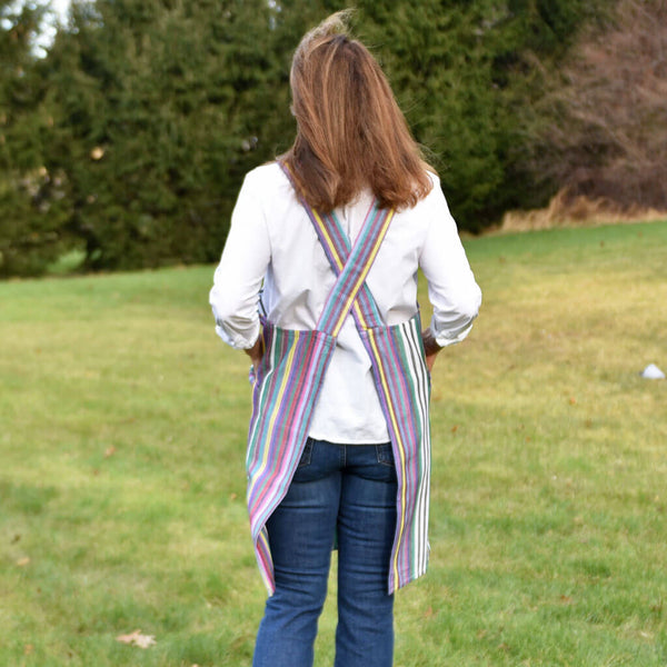 Green Multicolor stripe Crossback Apron Fair Trade Mayamam Weavers
