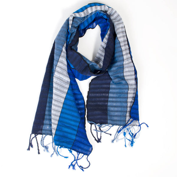 Hand Woven Fringed Blue Scarf Fair Trade Mayamam Weavers