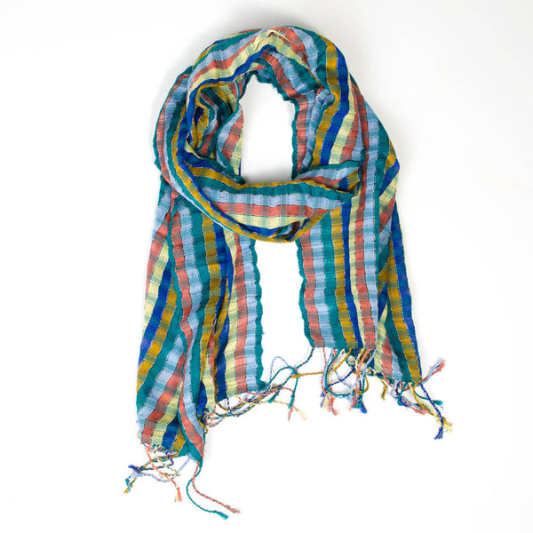 Hand Woven Fringed Scarf | Teal Earthtone Fair Trade Mayamam Weavers